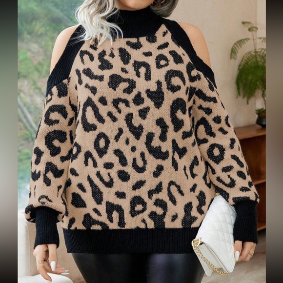 Sweaters | Comfy Plus Size Leopard Print Off Shoulder Sweater Top ...